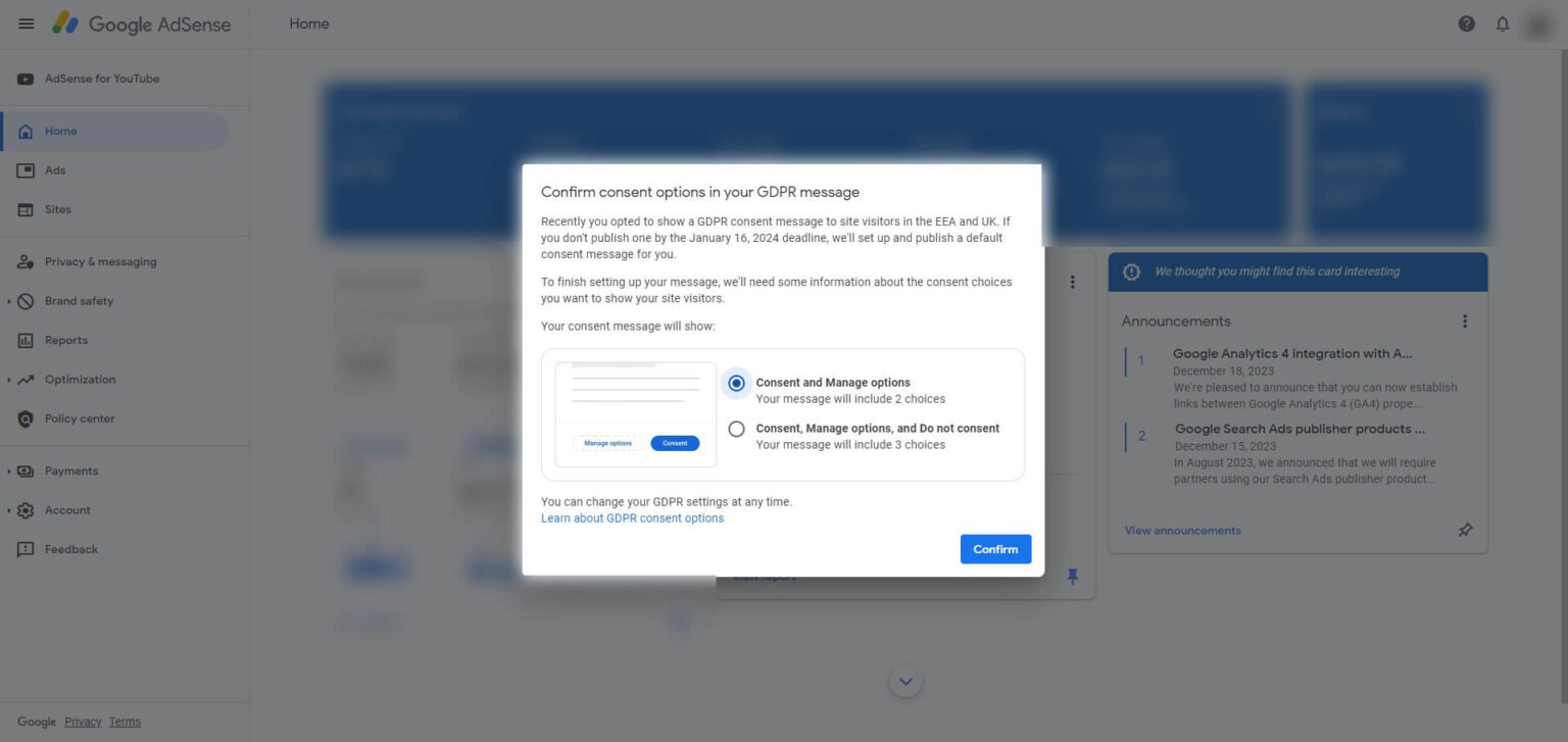 How to create a GDPR consent message using Google AdSense